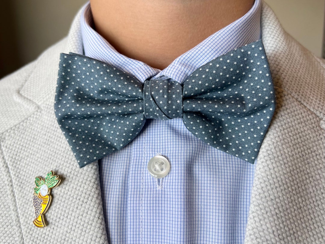 First Holy Communion Bow Tie for Boys, Steel Blue Bow Tie With Polka ...