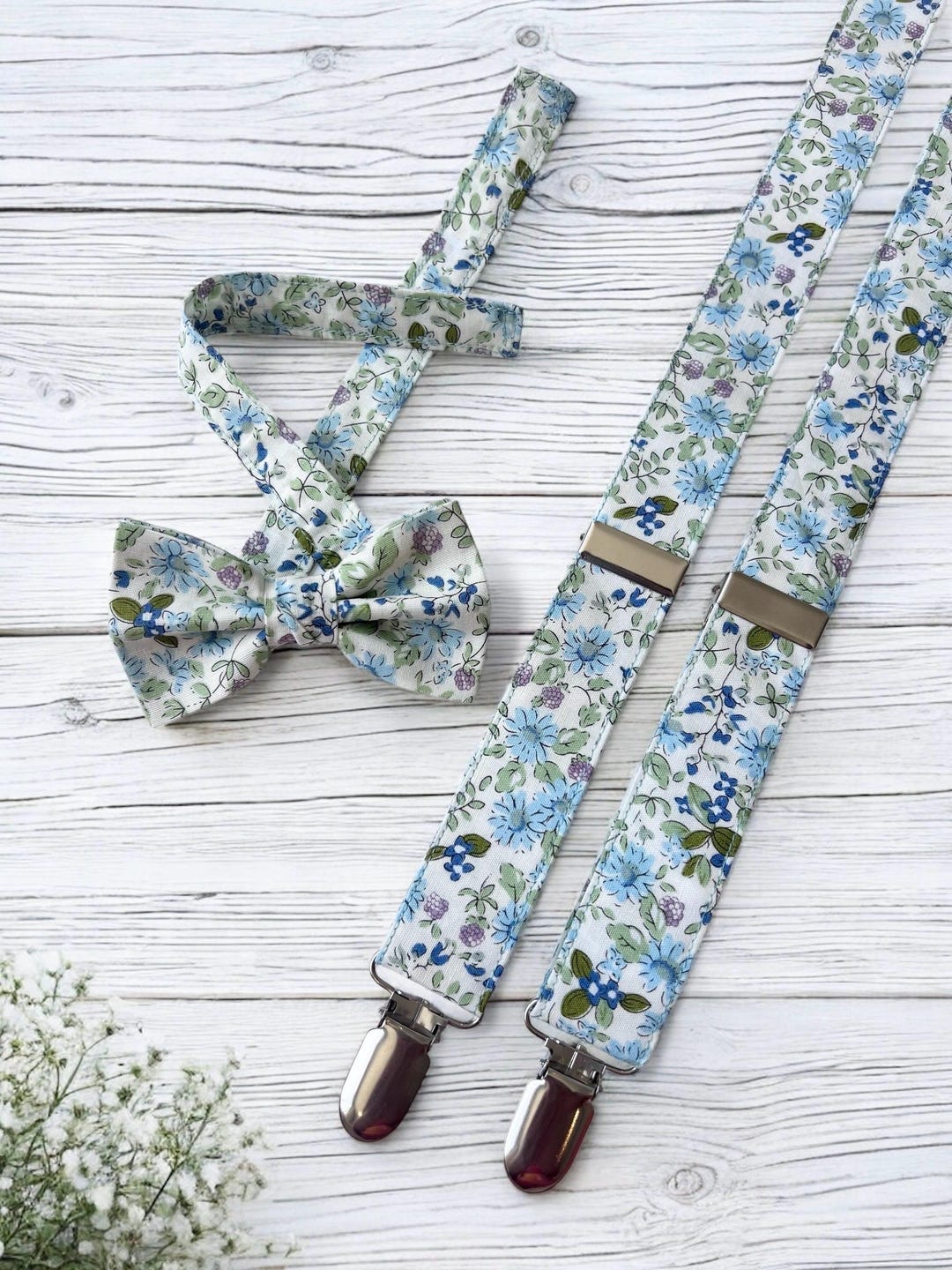 Light Blue & Green Floral Bow Tie and Suspender Set | Spring Green Bow ...