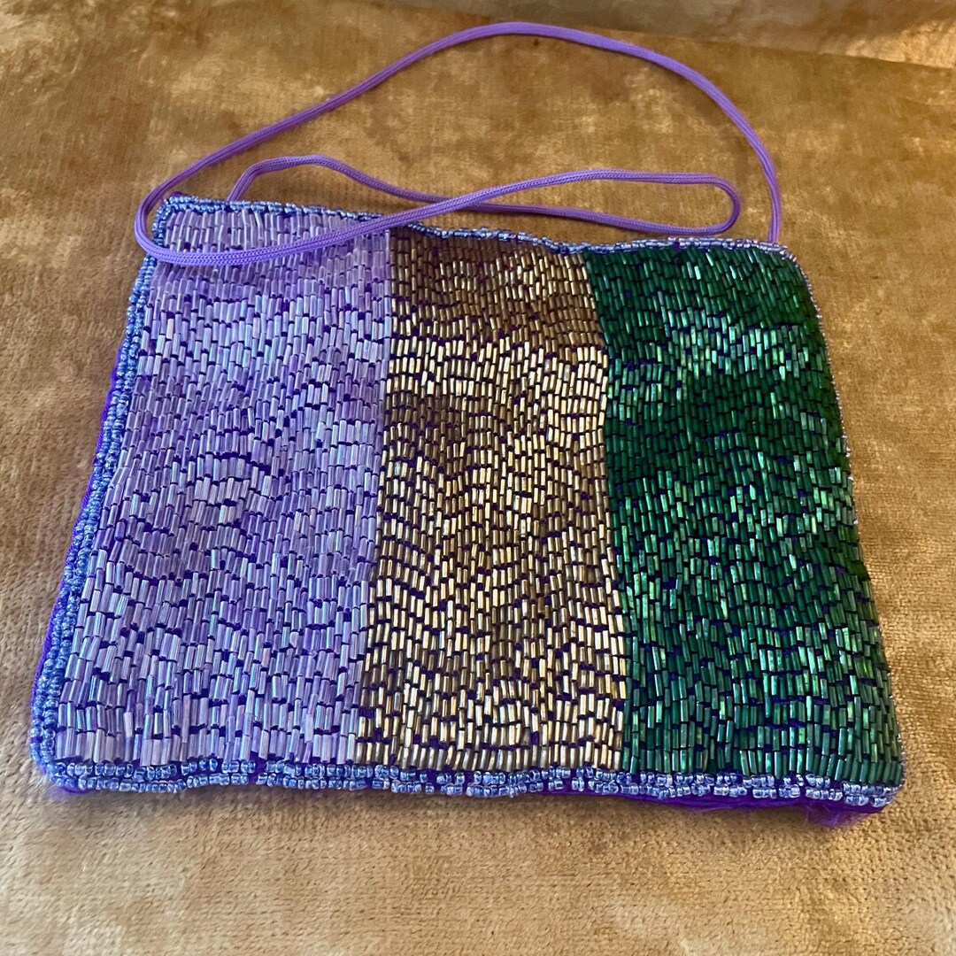 Beaded '20s Style Flapper Shoulder Bag in Lilac, Green & Gold, Purple ...