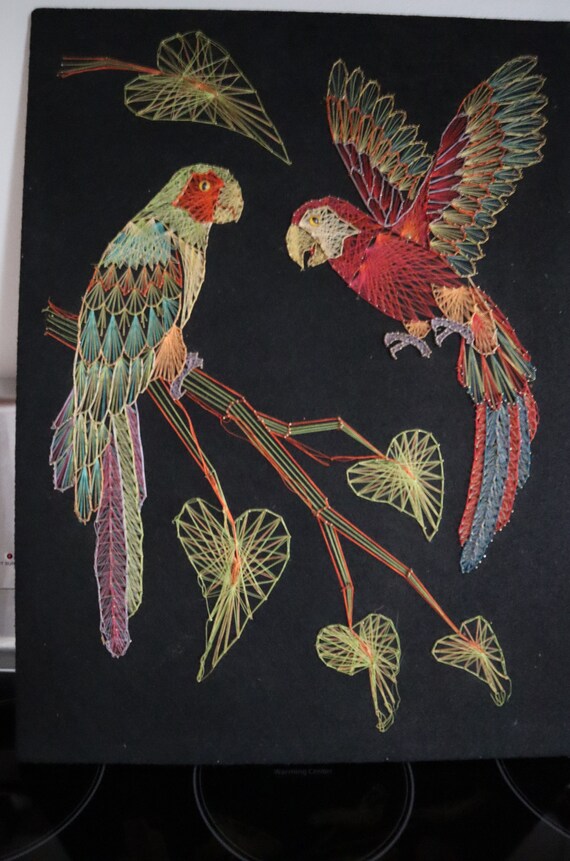 Vintage String Art Colourful Parrots Dark Brown Cloth on Wood - Etsy