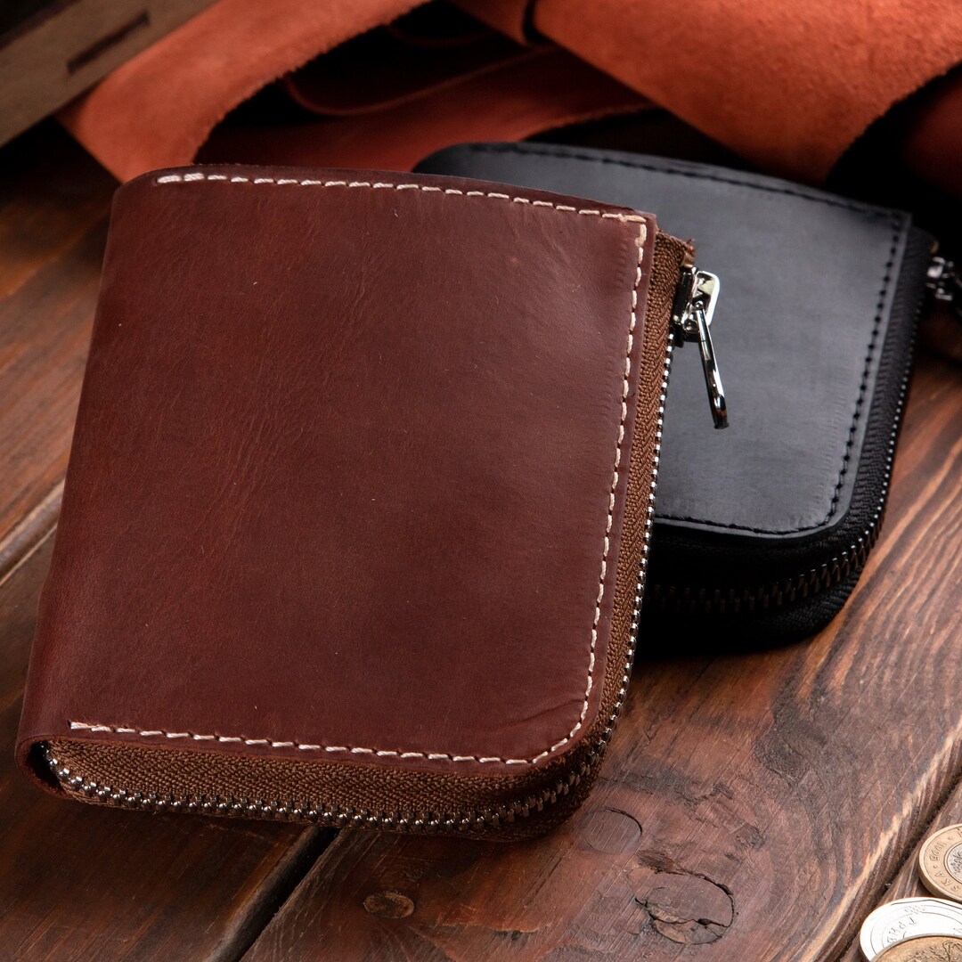 Personalized Small Leather Bifold Wallet Zip Around, Credit Card Holder ...