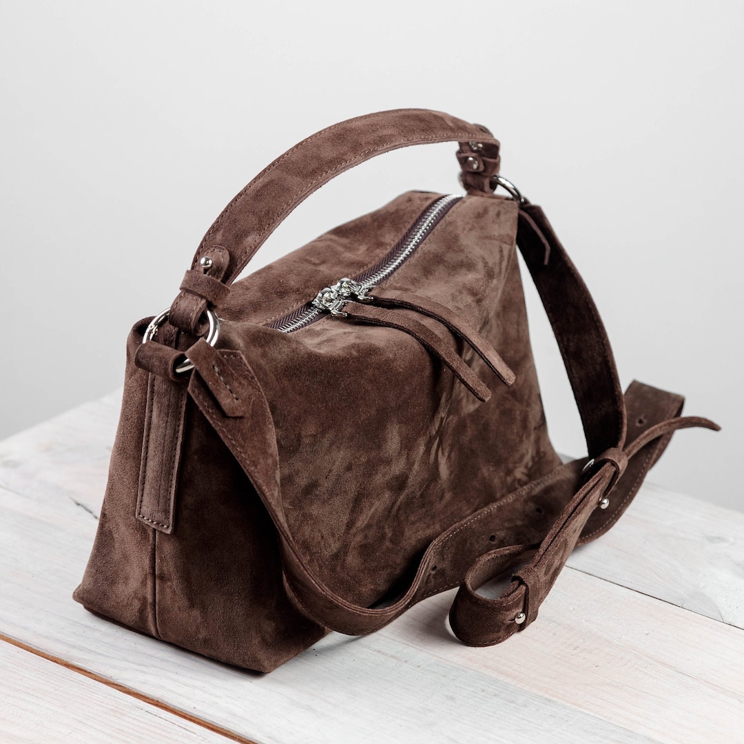 Brown Small Suede Tote Bag, Crossbody Hobo Handbag, Suede Shoulder Purse, Suede Underarm Bag ...