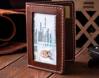 Minimalist Leather Wallet With Id Window, Personalized Bifold Card ...