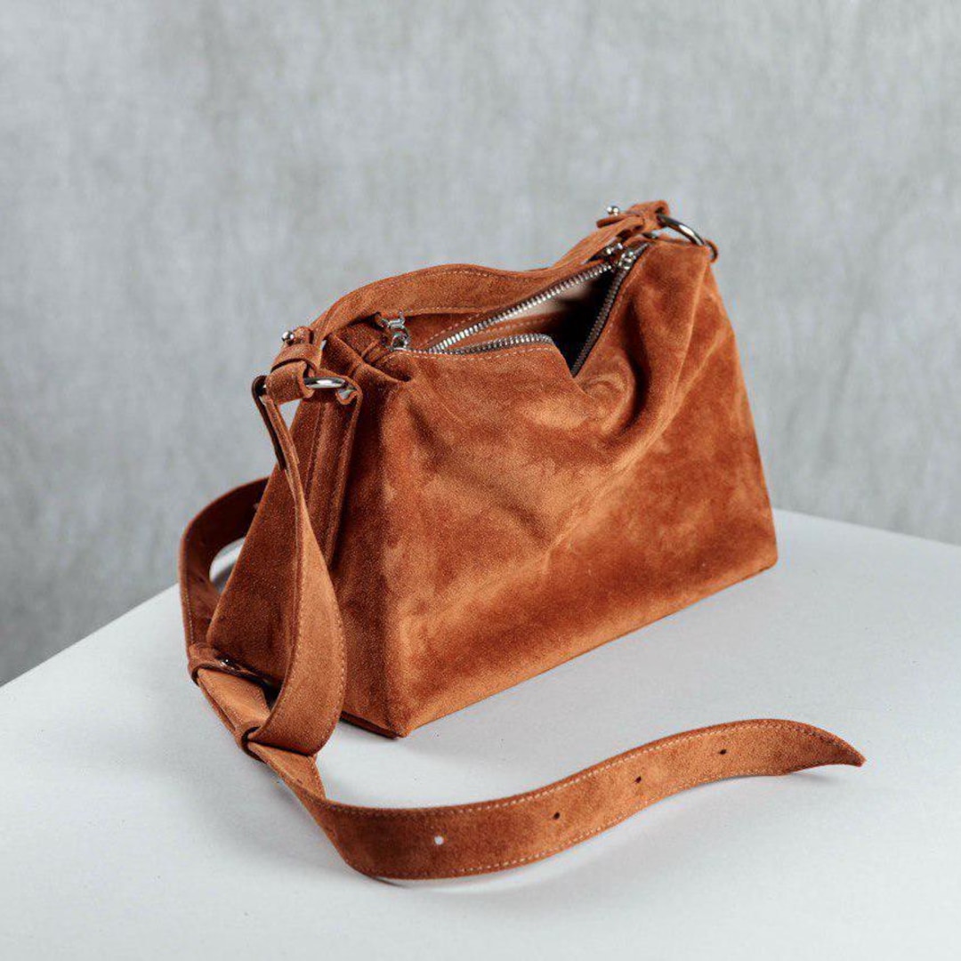 Small Suede Tote, Brown Suede Hobo Bag, Suede Shoulder Bag, Zipper ...