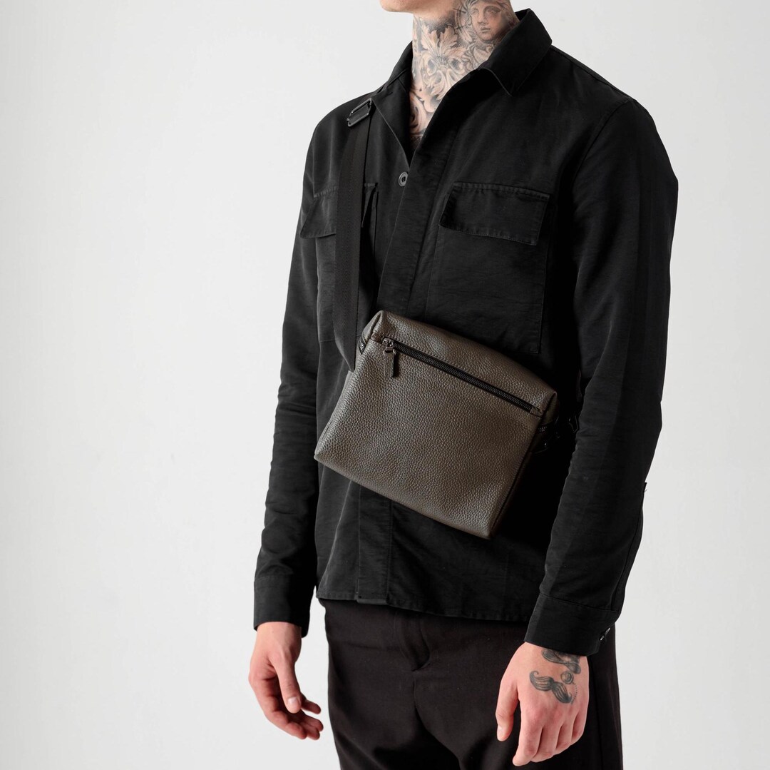 Men’s Leather Small Crossbody Bag, Olive Green Handmade Messenger Bag ...
