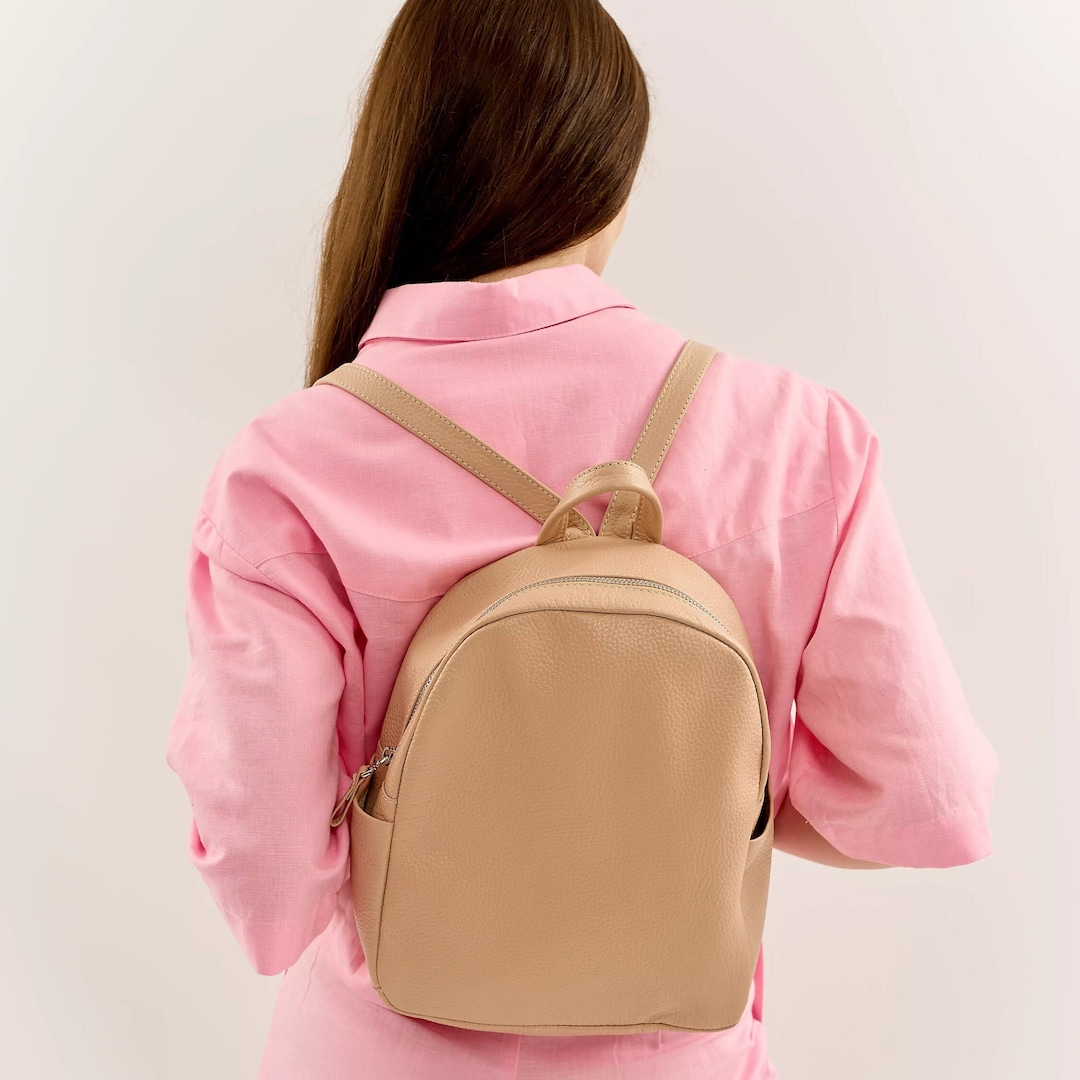 Beige Leather Mini Backpack, Women's Rucksack, Cute Aesthetic Backpack ...