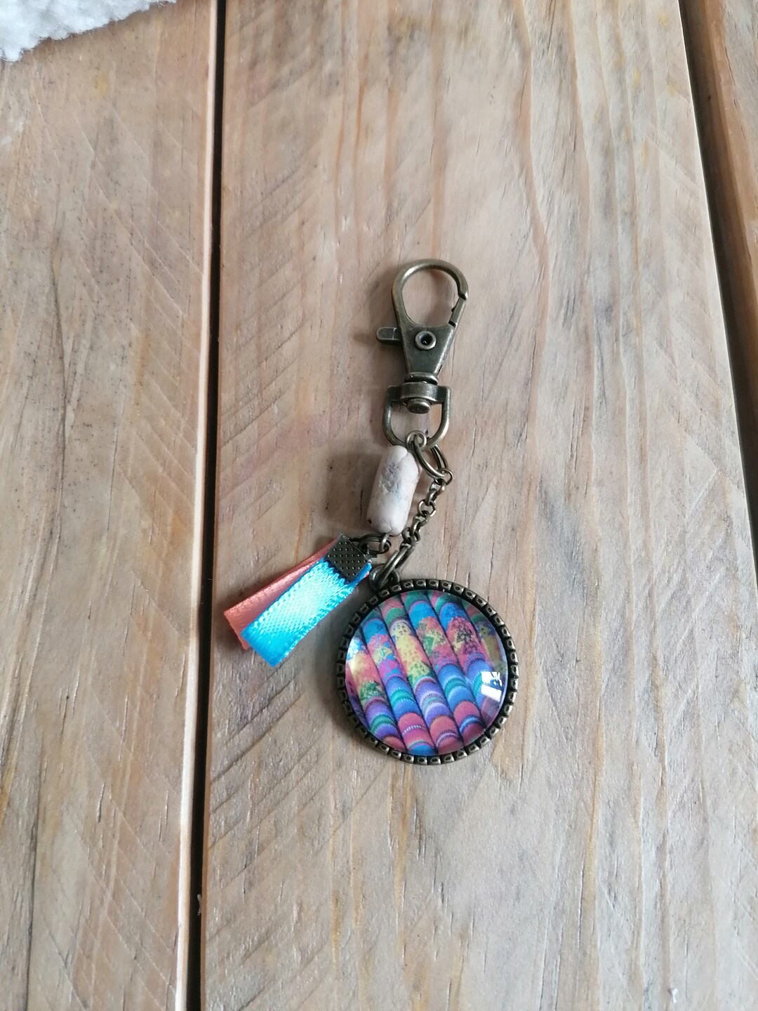 Indian Key Ring Indian Fabric Pattern Glass Cabochon Bronze - Etsy