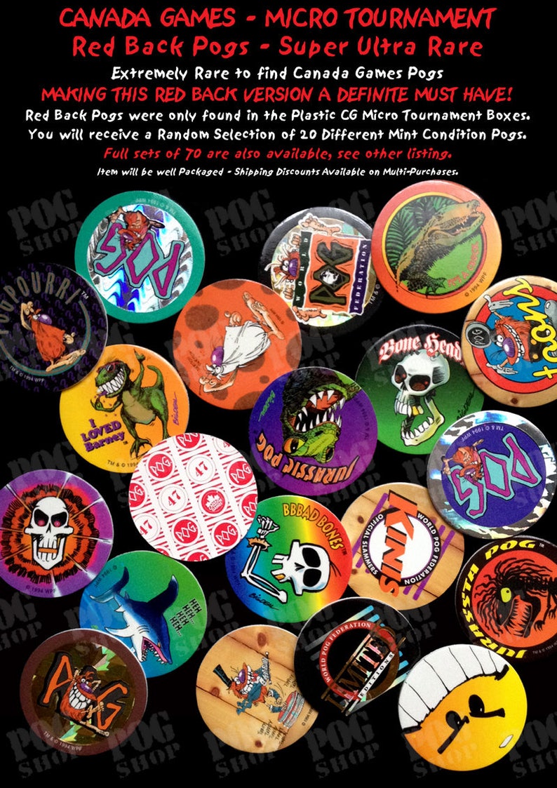 Pogs 20 Assorted Milkcaps CANADA GAMES Red Back POGMAN Ultra Rare Visit ...