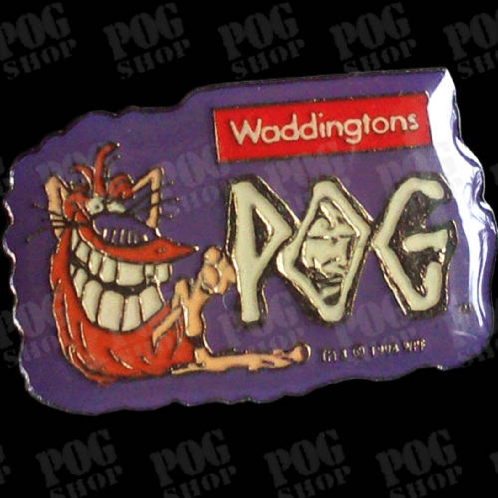 POGS 1994 Waddingtons Pogman PIN BADGE Sellado Super Ultra Raro Visita ...