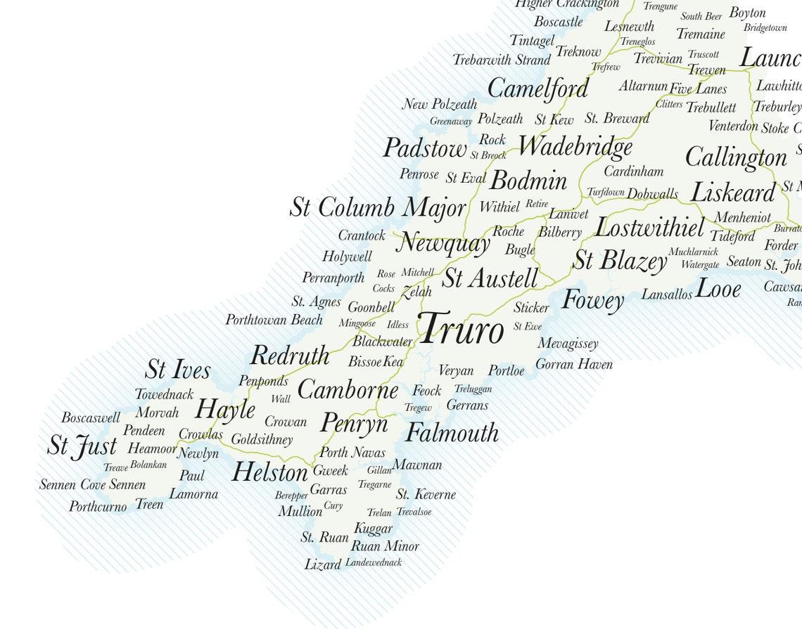 Cornwall County Map // Framed Map of Cornwall // Minimal Typographic ...