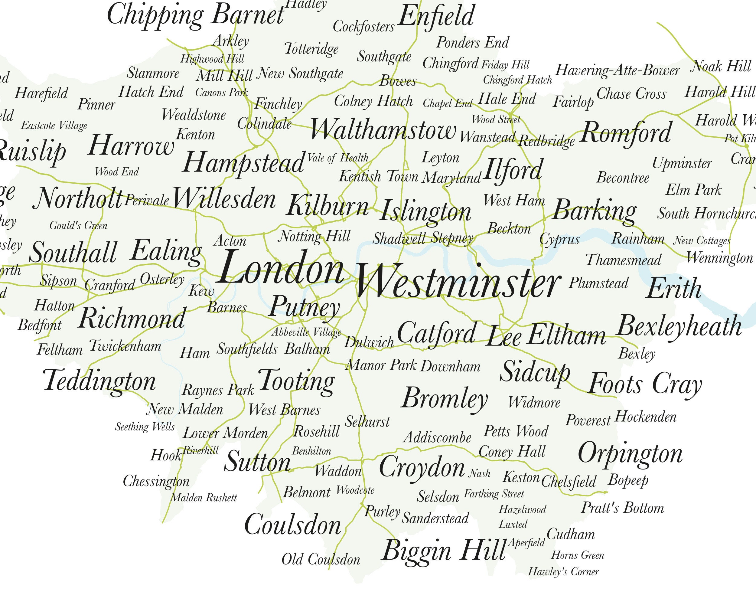 Greater London Map // Framed Map of London // Minimal Typographic ...