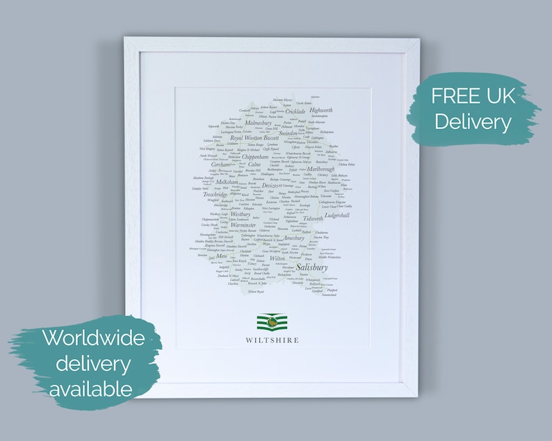 Wiltshire County Map // Framed Map of Wiltshire // Minimal Typographic ...