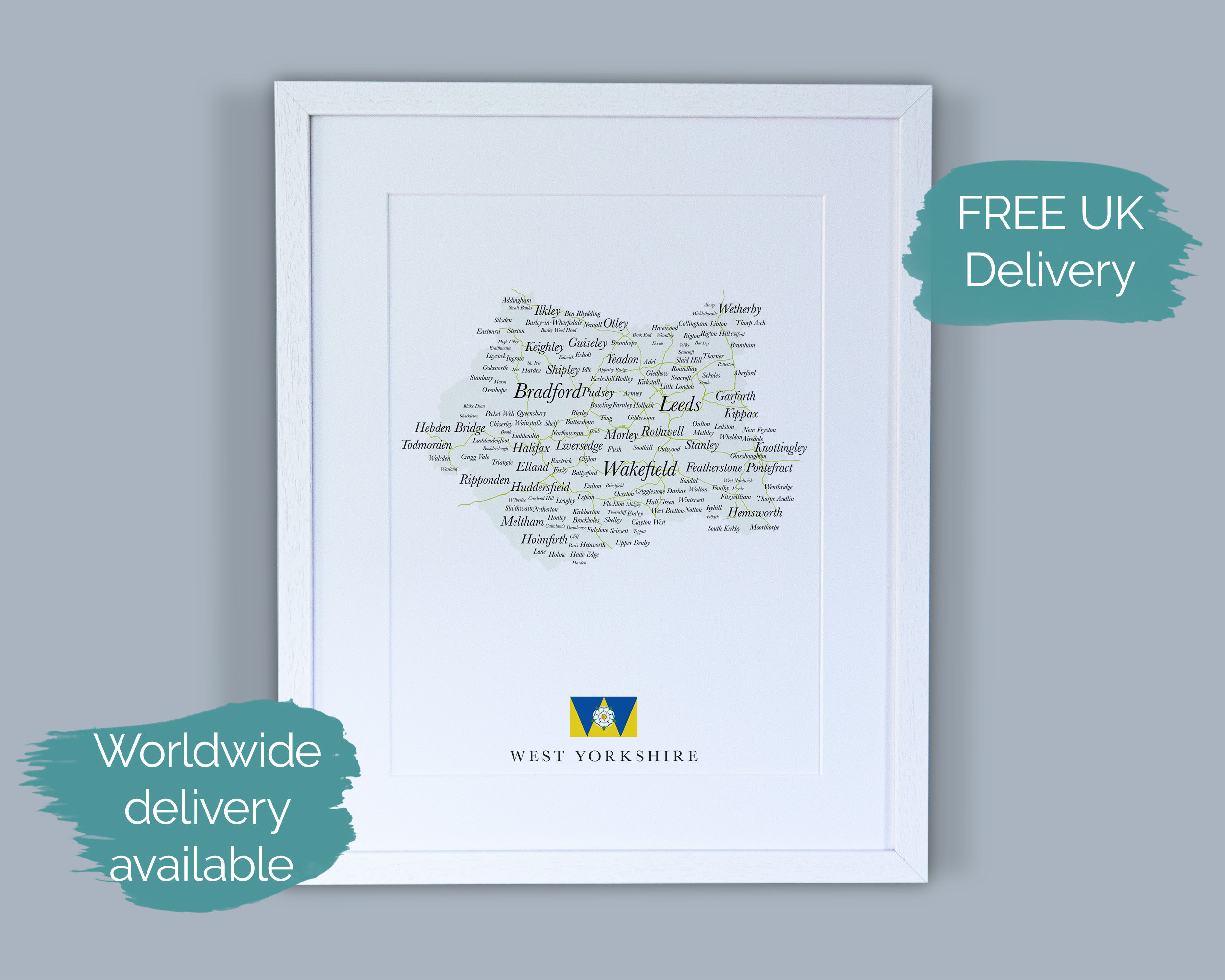 West Yorkshire County Map // Framed Map of West Yorkshire // Minimal ...