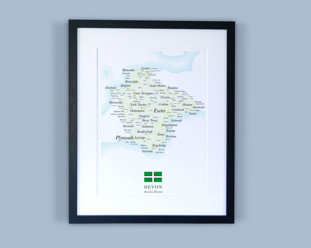 Devon County Map // Framed Map of Devon // Minimal Typographic County Map Print // England Maps ...