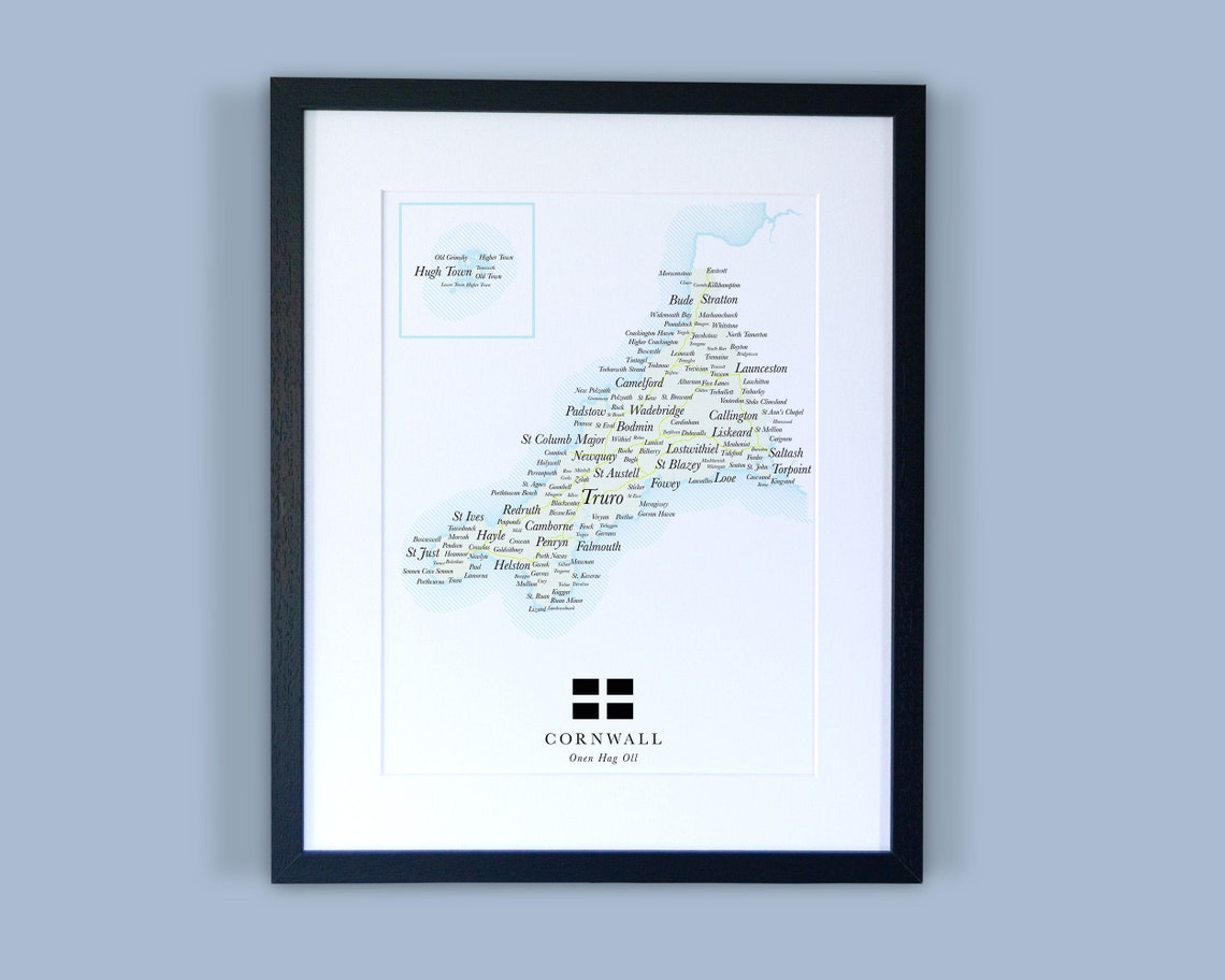 Cornwall County Map // Framed Map of Cornwall // Minimal Typographic ...