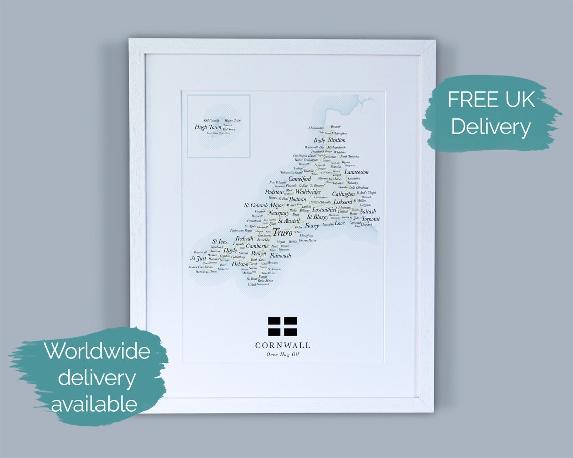 Cornwall County Map // Framed Map of Cornwall // Minimal Typographic ...