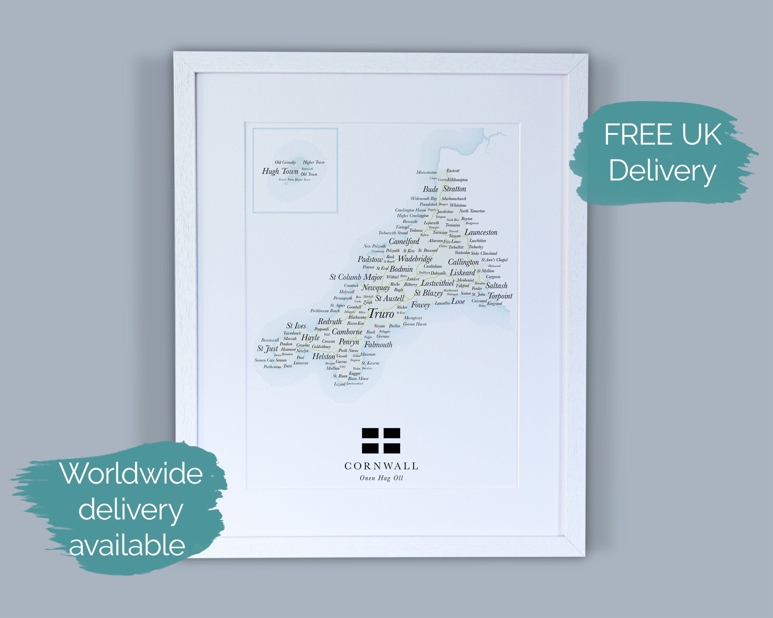 Cornwall County Map // Framed Map of Cornwall // Minimal Typographic ...
