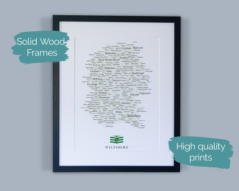 Wiltshire County Map // Framed Map of Wiltshire // Minimal Typographic ...