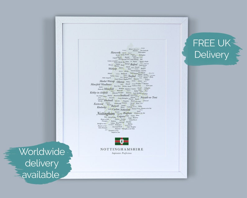 Nottinghamshire County Map // Framed Map of Nottinghamshire // Minimal ...