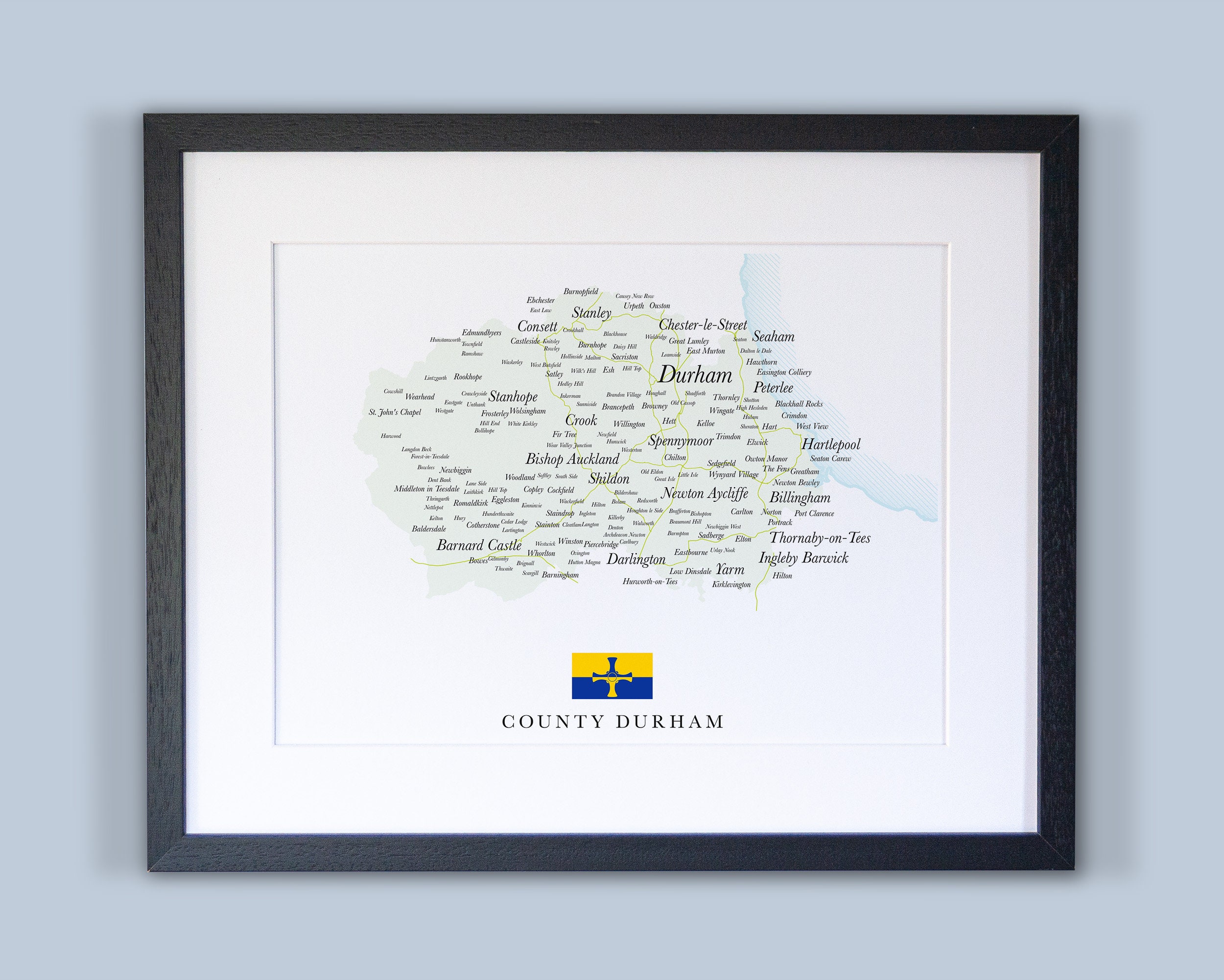 Durham County Map // Framed Map of County Durham // Minimal Typographic ...