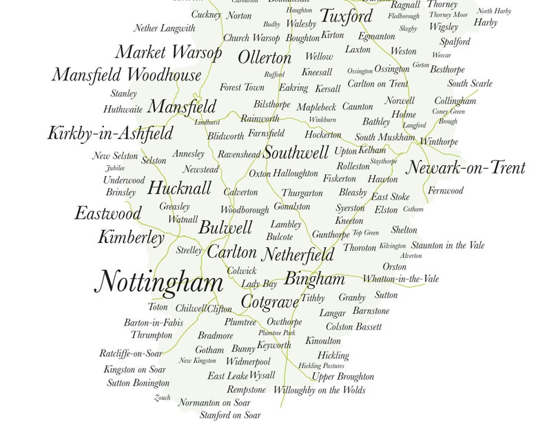 Nottinghamshire County Map // Framed Map of Nottinghamshire // Minimal ...