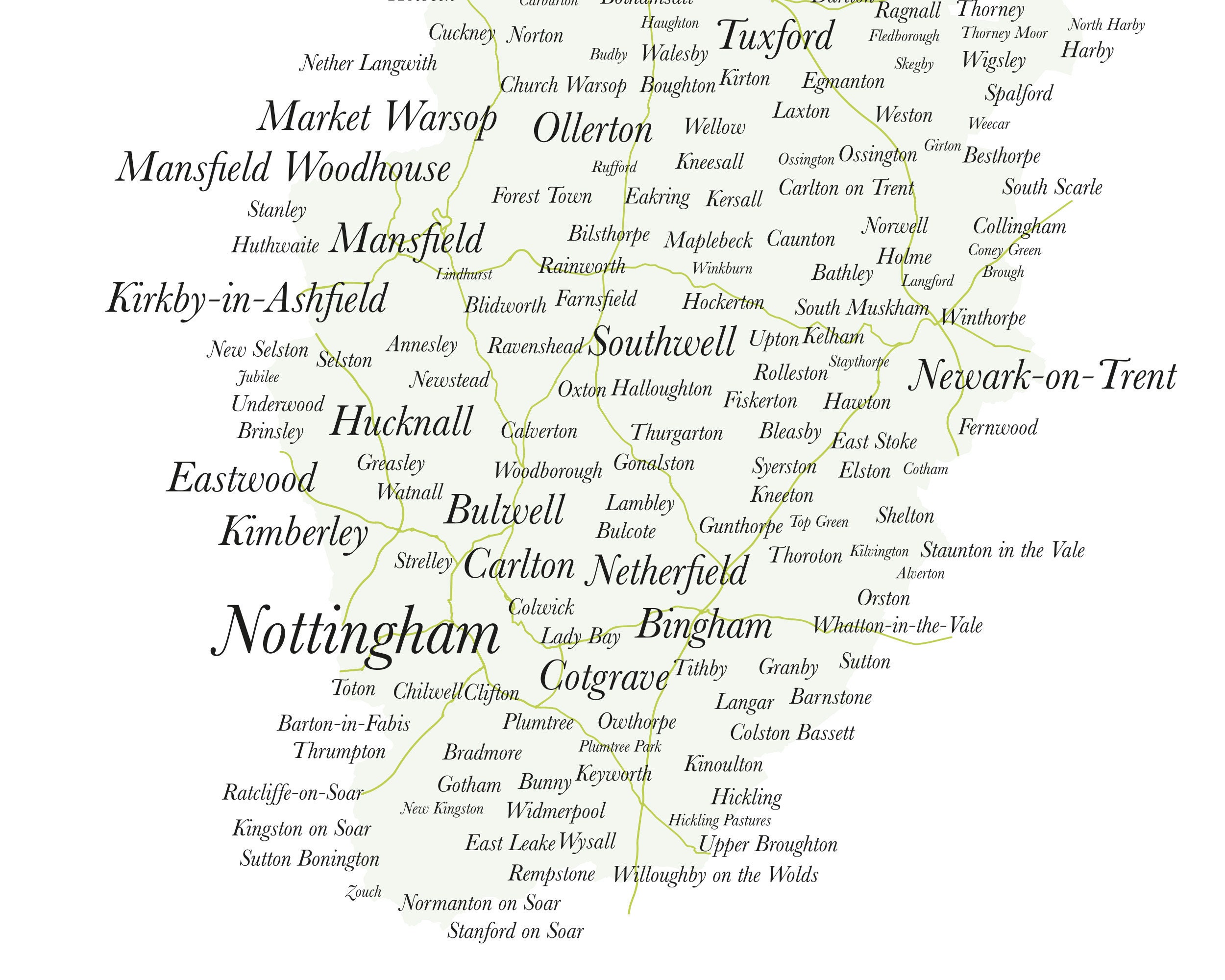 Nottinghamshire County Map // Framed Map of Nottinghamshire // Minimal ...