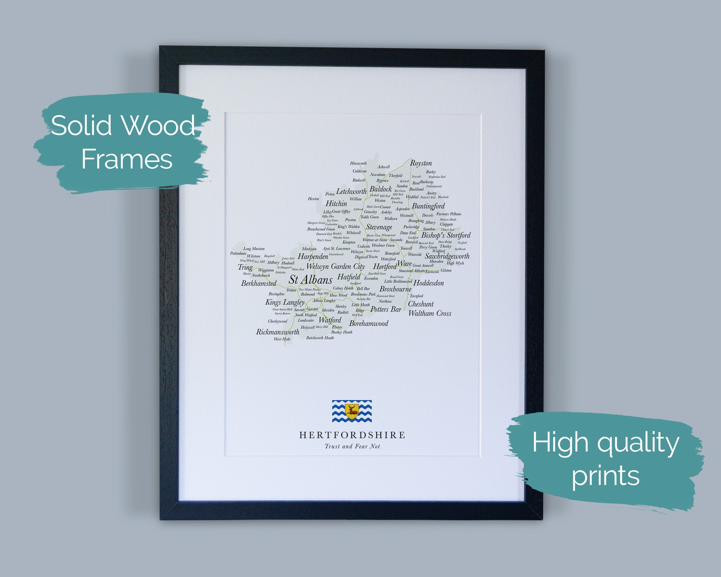 Hertfordshire County Map // Framed Map of Hertfordshire // Minimal ...