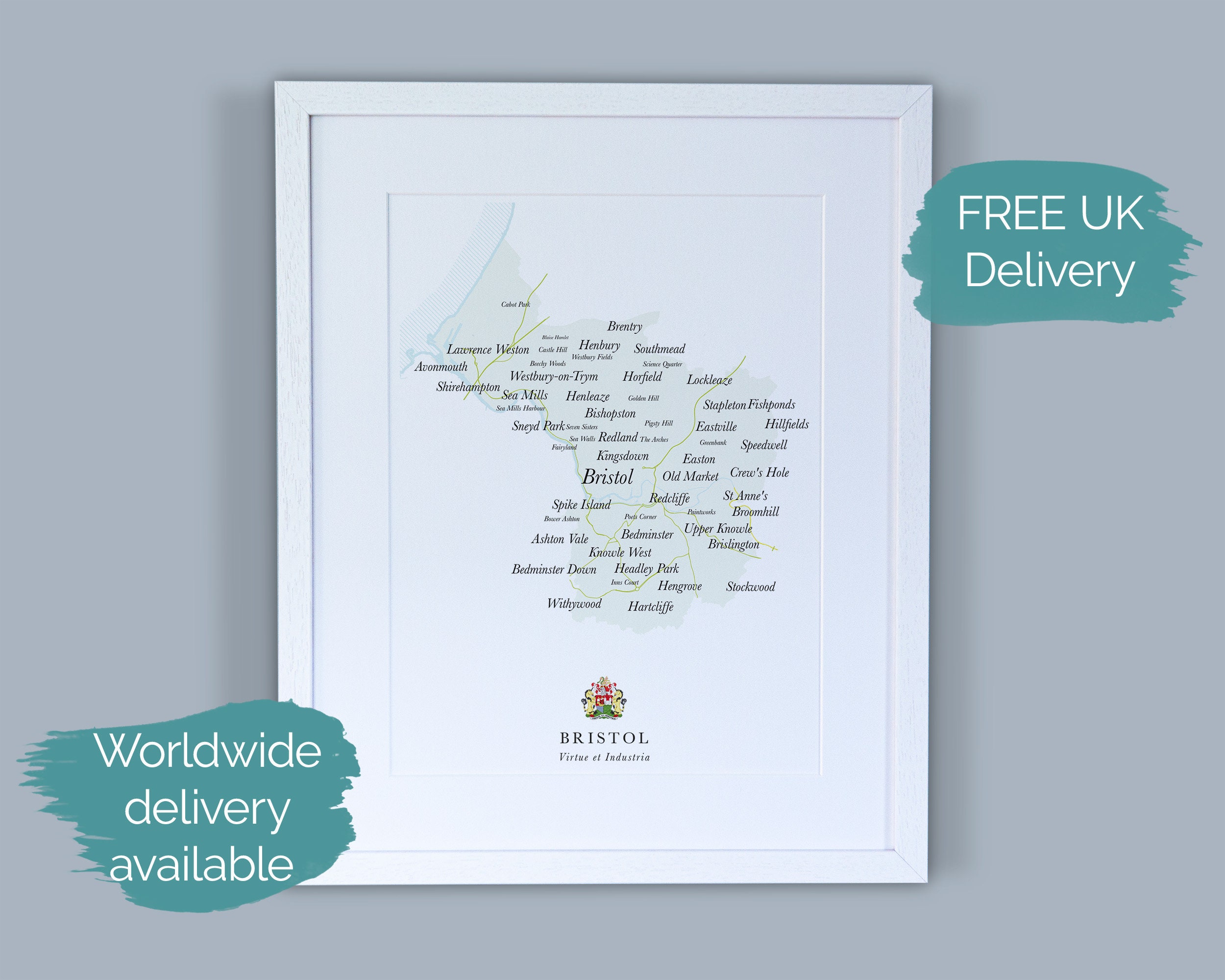 Bristol County Map // Framed Map of Bristol // Minimal Typographic ...