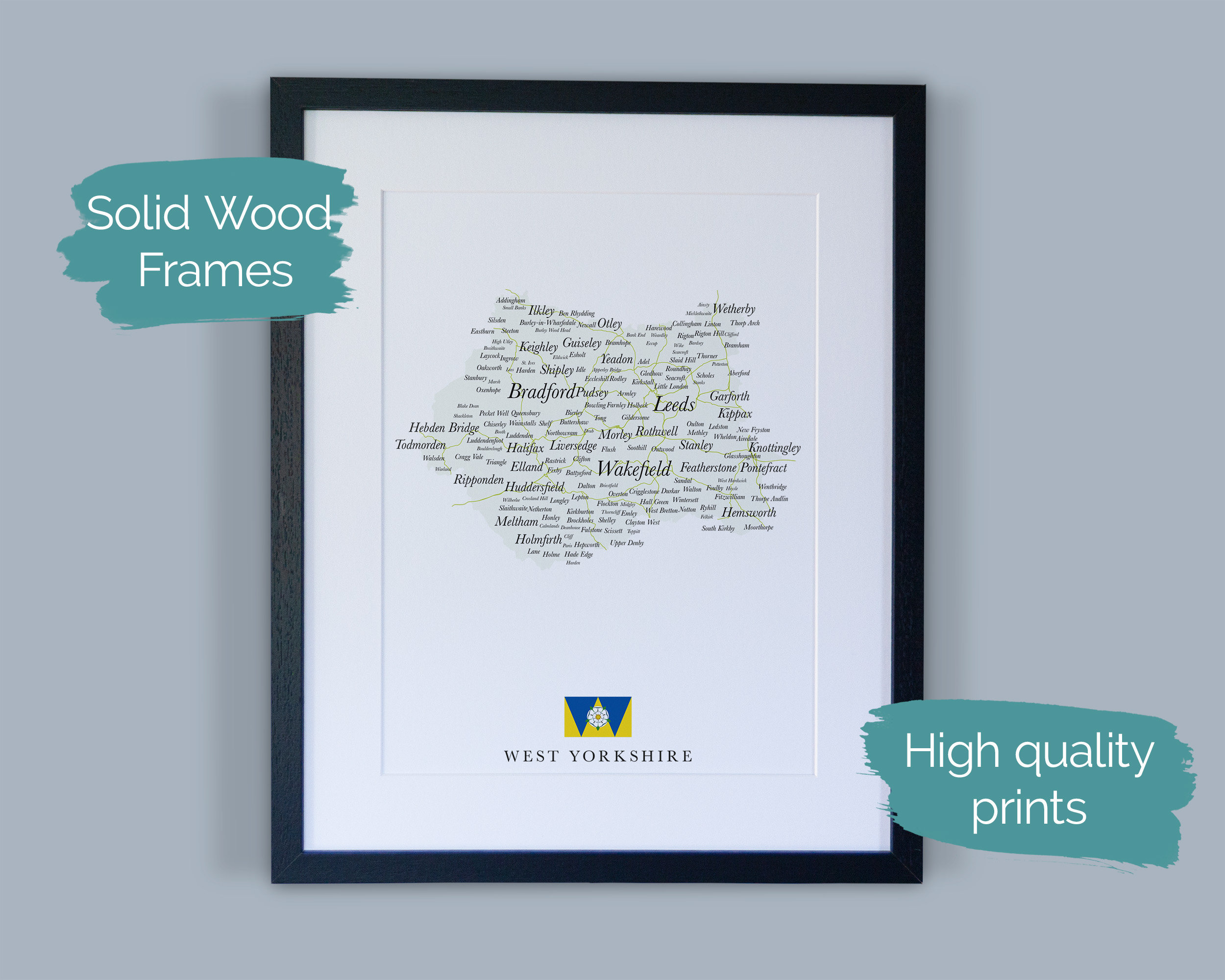 West Yorkshire County Map // Framed Map of West Yorkshire // Minimal ...