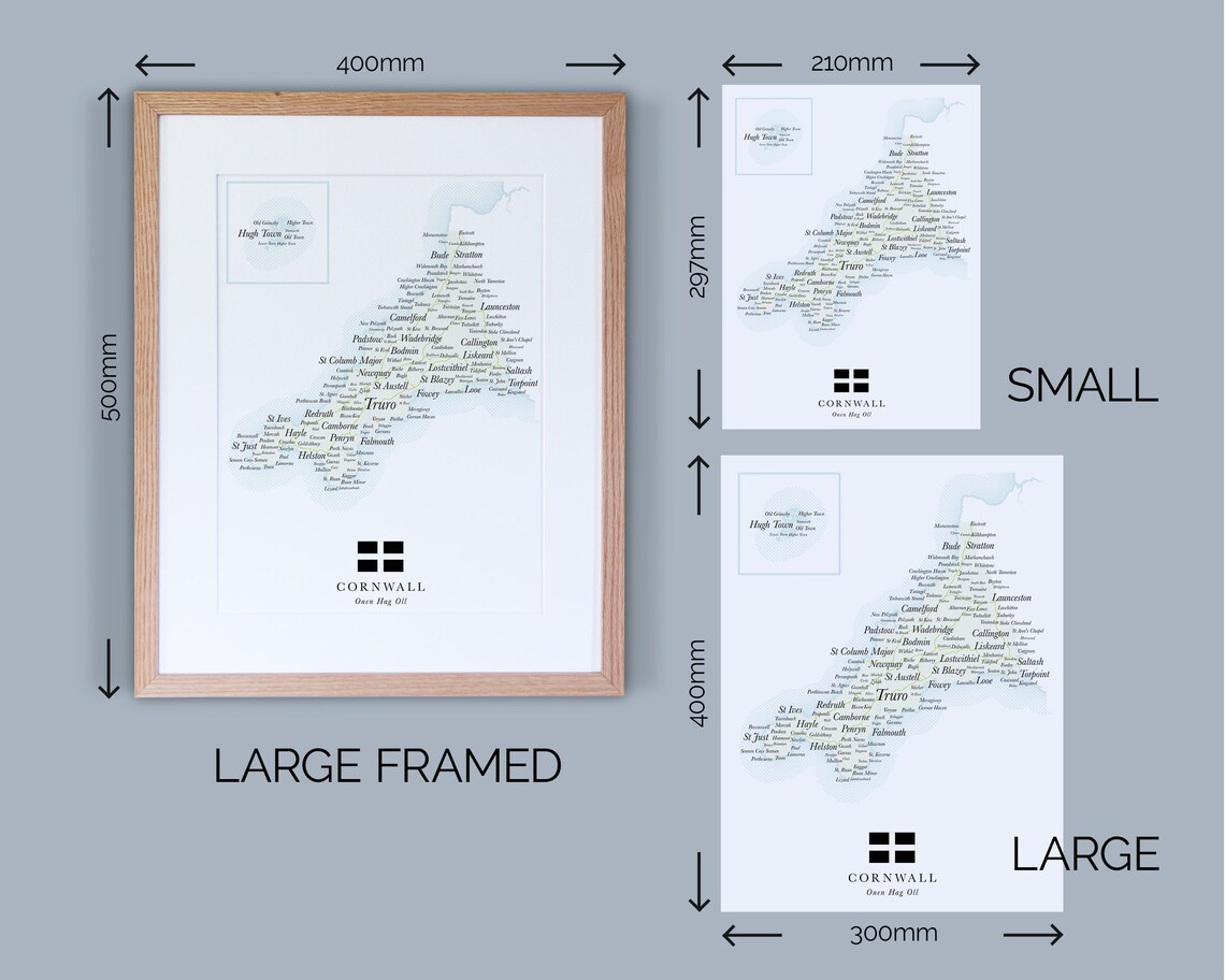 Cornwall County Map // Framed Map of Cornwall // Minimal Typographic ...