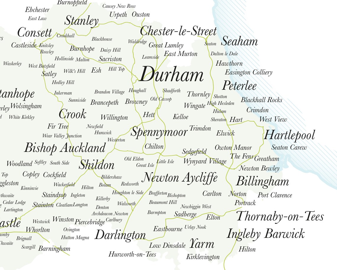 Durham County Map // Framed Map of County Durham // Minimal Typographic ...