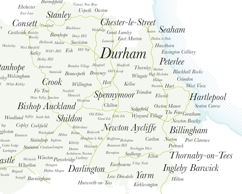 Durham County Map // Framed Map of County Durham // Minimal Typographic ...