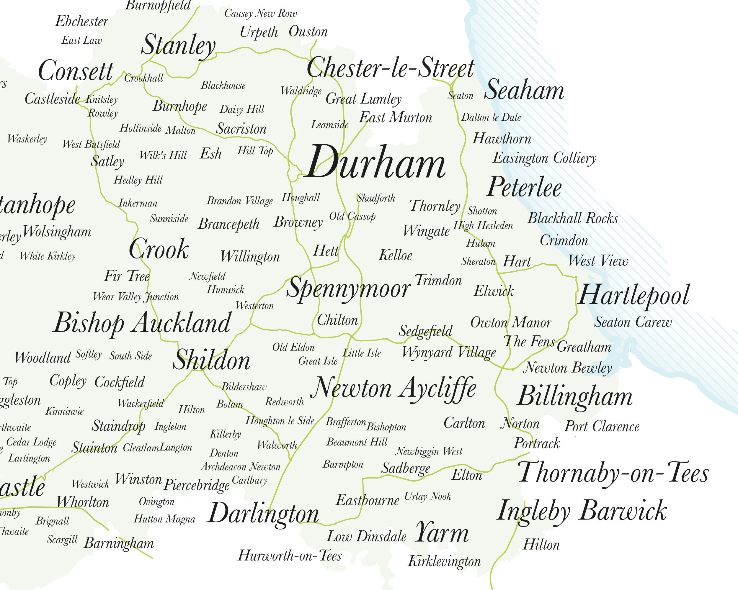 Durham County Map // Framed Map of County Durham // Minimal Typographic County Map Print ...
