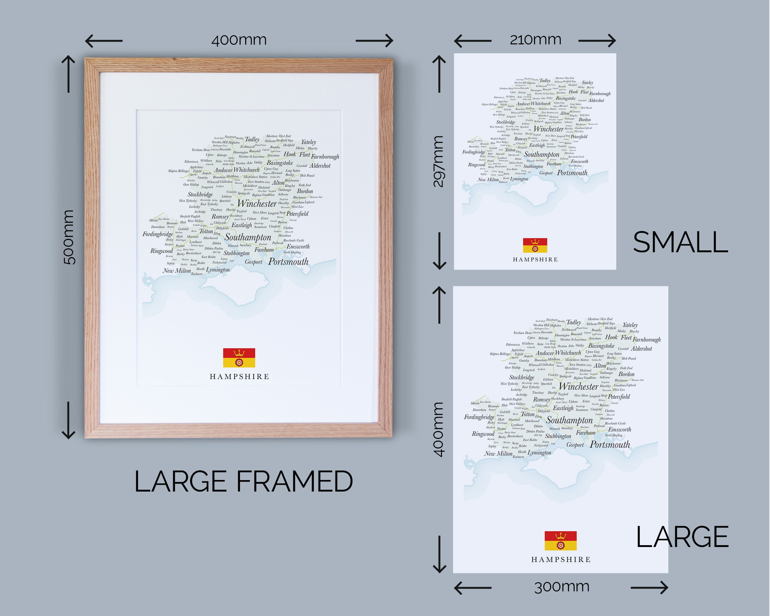 Hampshire County Map // Framed Map of Hampshire // Minimal Typographic ...