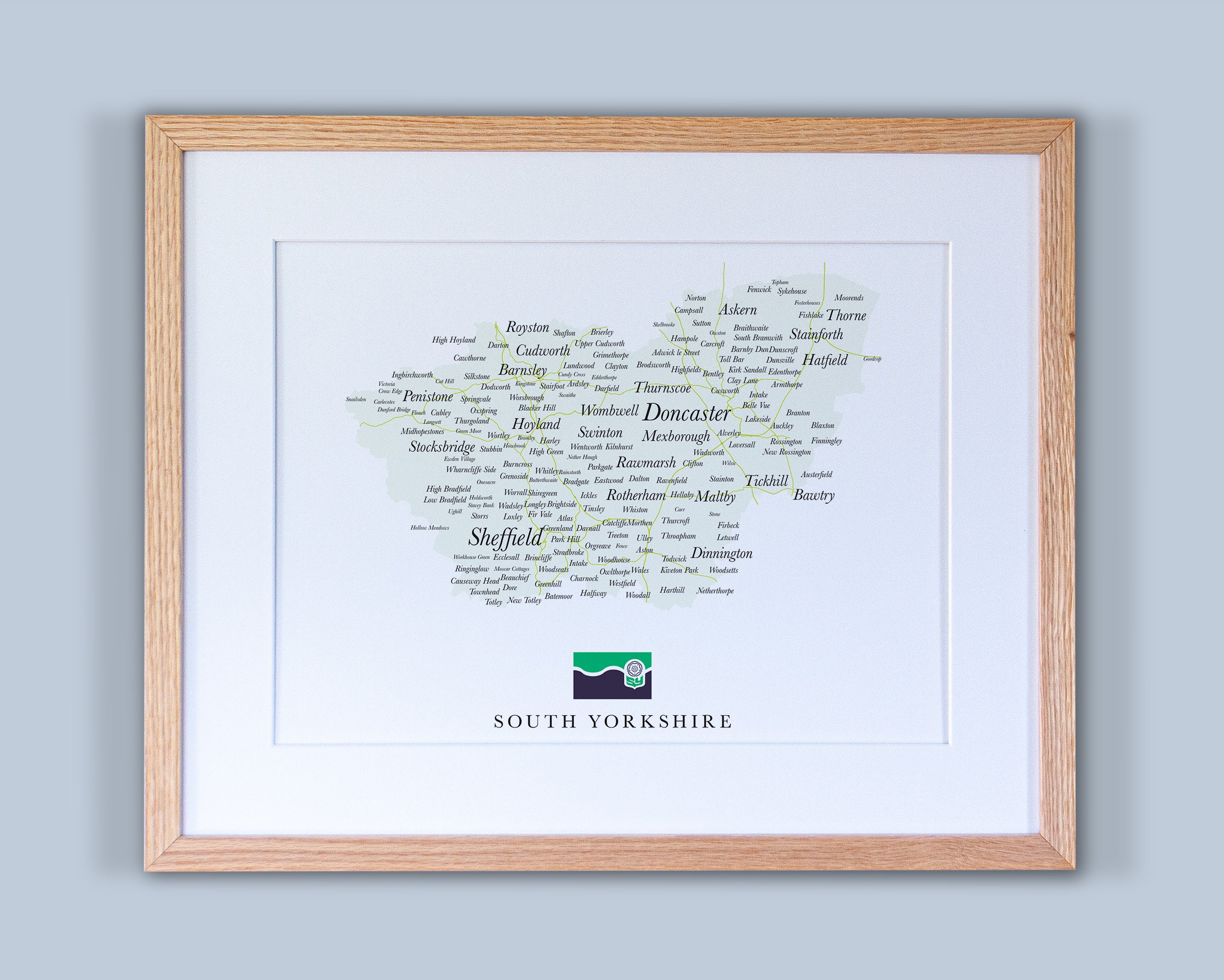 South Yorkshire County Map // Framed Map of South Yorkshire // Minimal ...