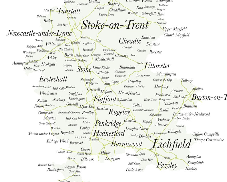 Staffordshire County Map // Framed Map of Staffordshire // Minimal ...