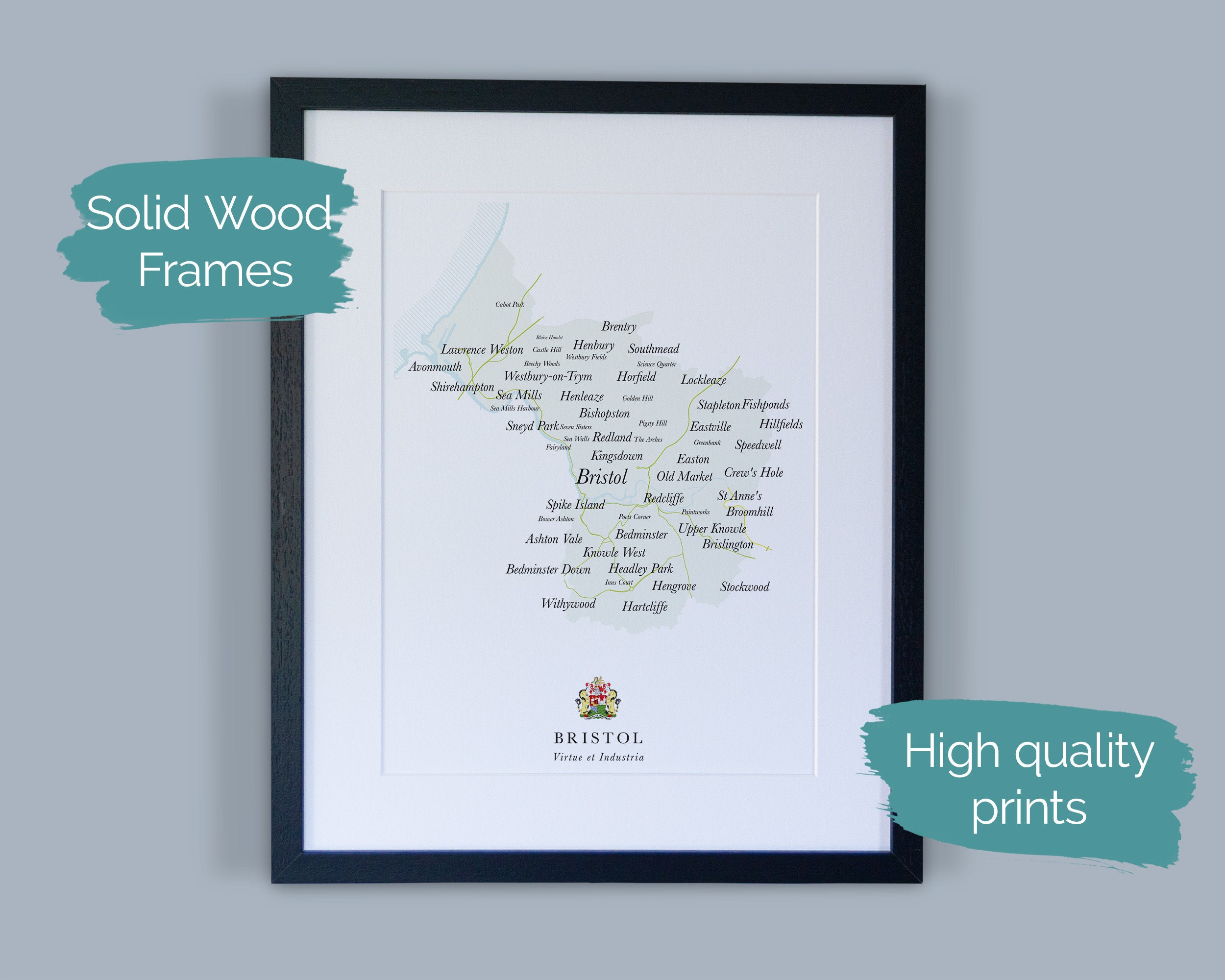 Bristol County Map // Framed Map of Bristol // Minimal Typographic ...