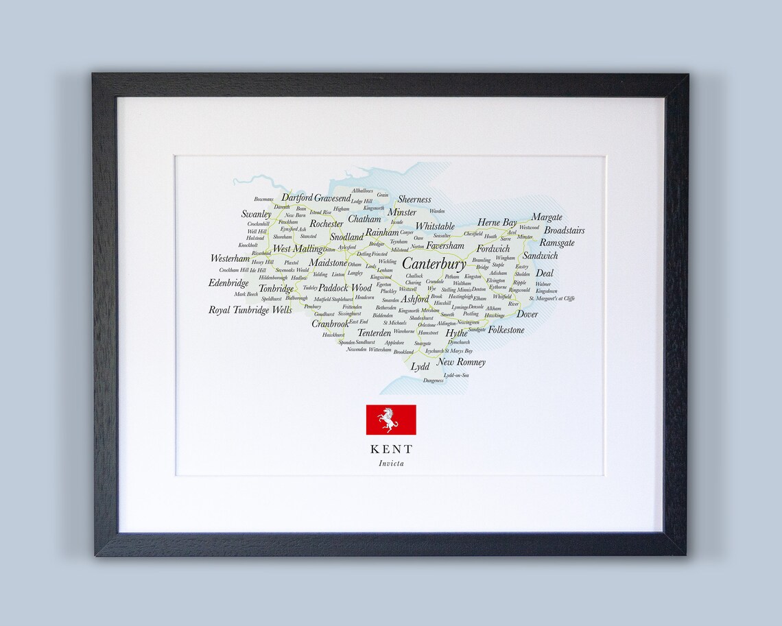Kent County Map // Framed Map of Kent // Minimal Typographic County Map ...