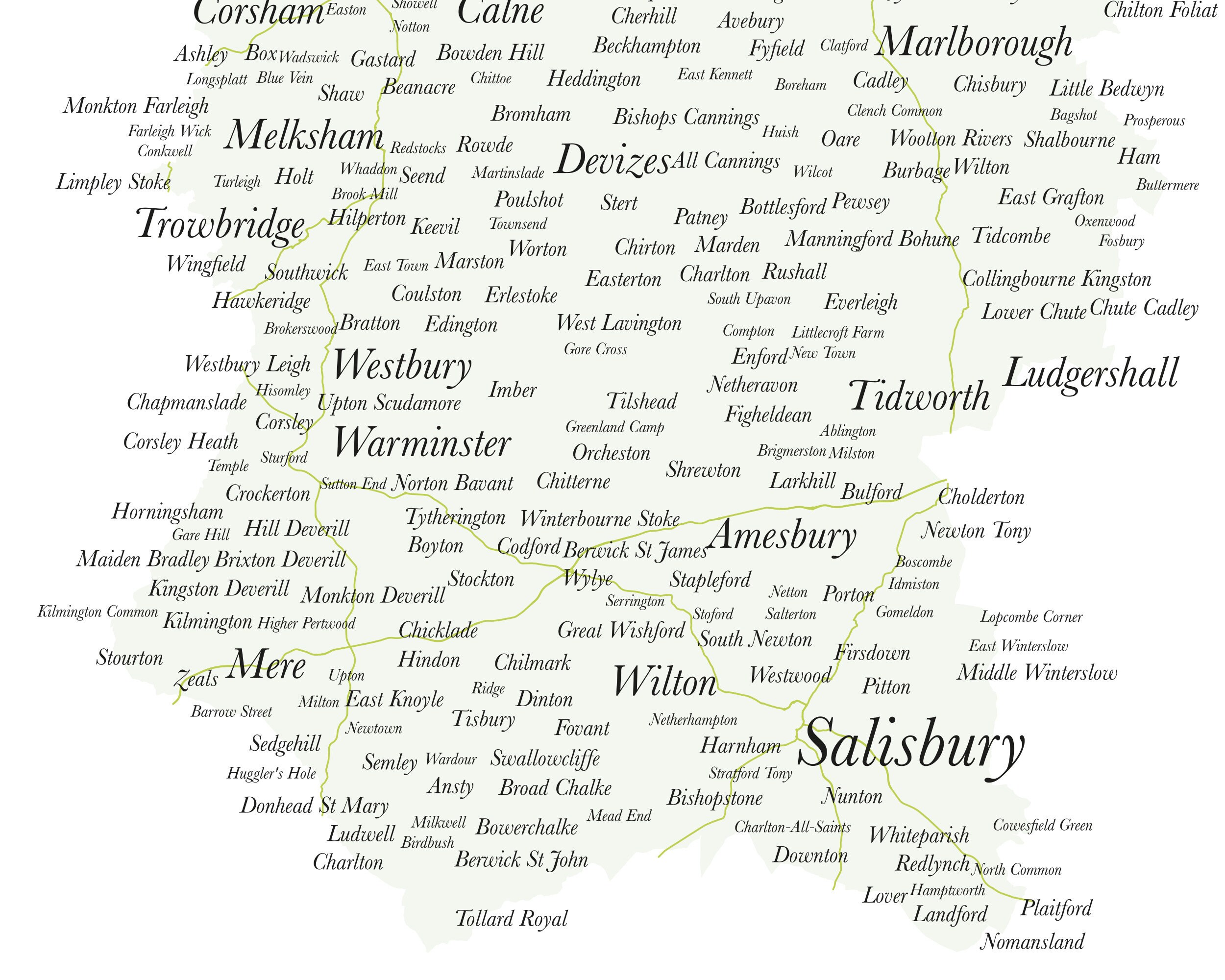 Wiltshire County Map // Framed Map of Wiltshire // Minimal Typographic ...