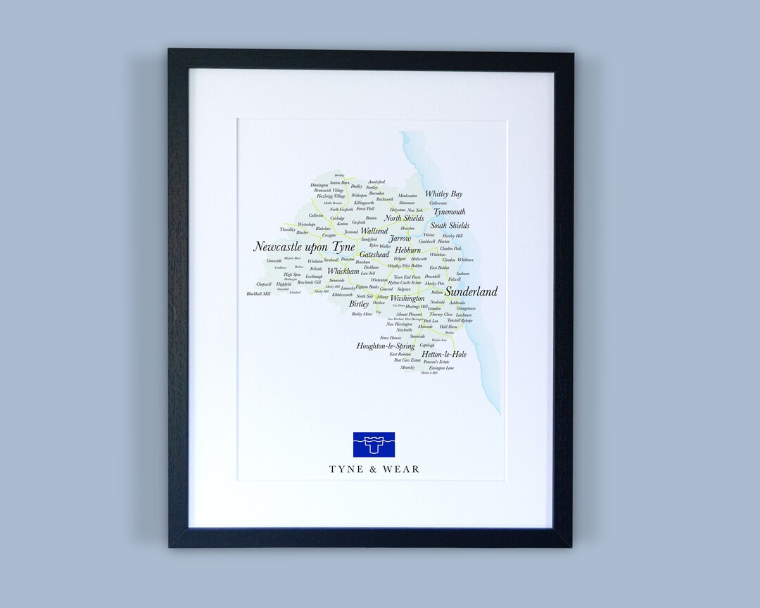 Tyne and Wear County Map // Framed Map of Tyne and Wear // Minimal ...