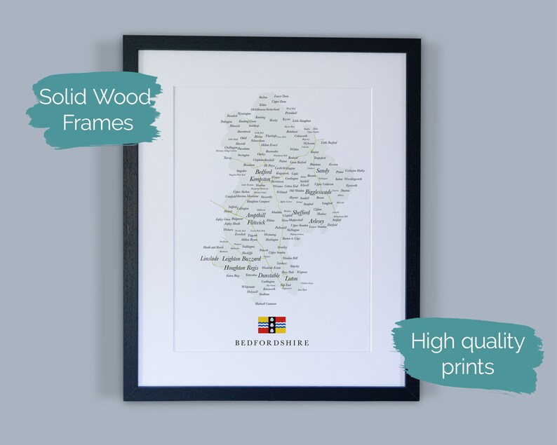 Bedfordshire County Map // Framed Map of Bedfordshire // Minimal ...
