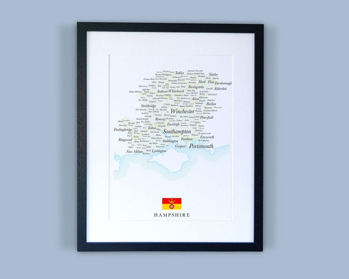 Hampshire County Map // Framed Map of Hampshire // Minimal Typographic ...