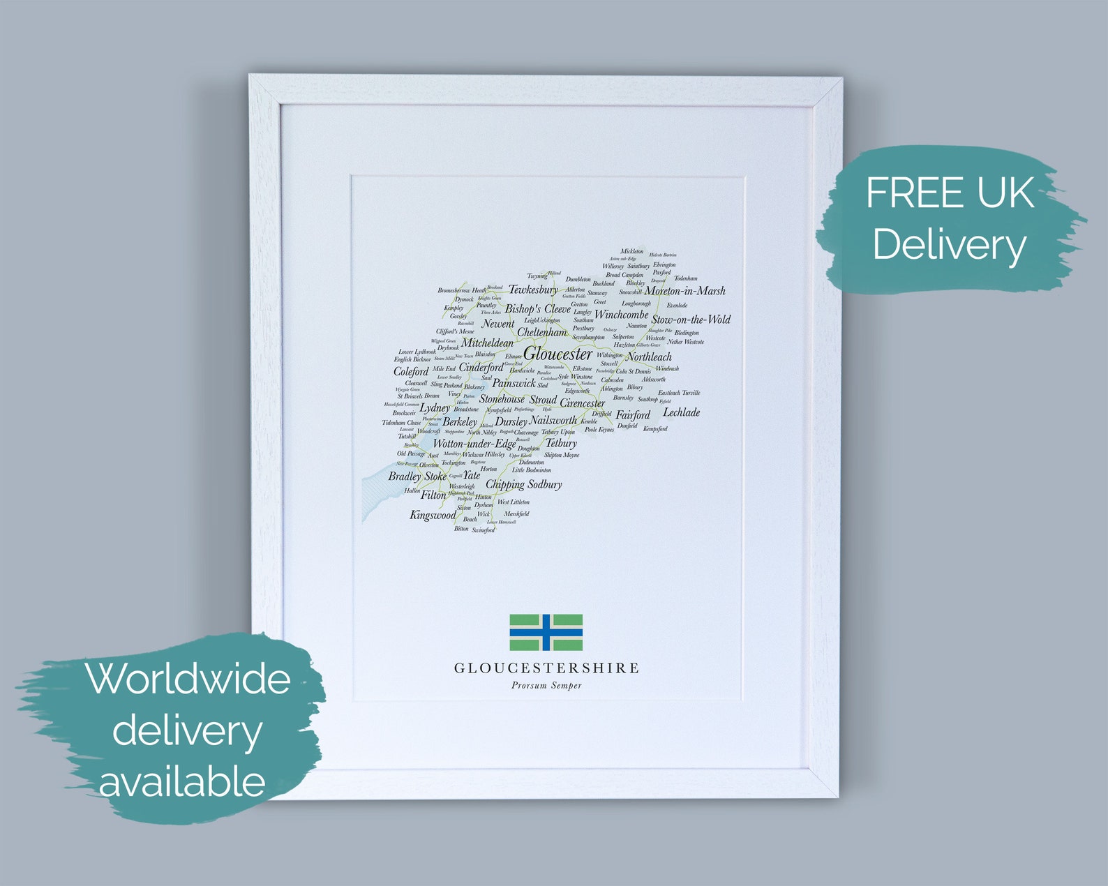 Gloucestershire County Map // Framed Map of Gloucestershire // Minimal ...