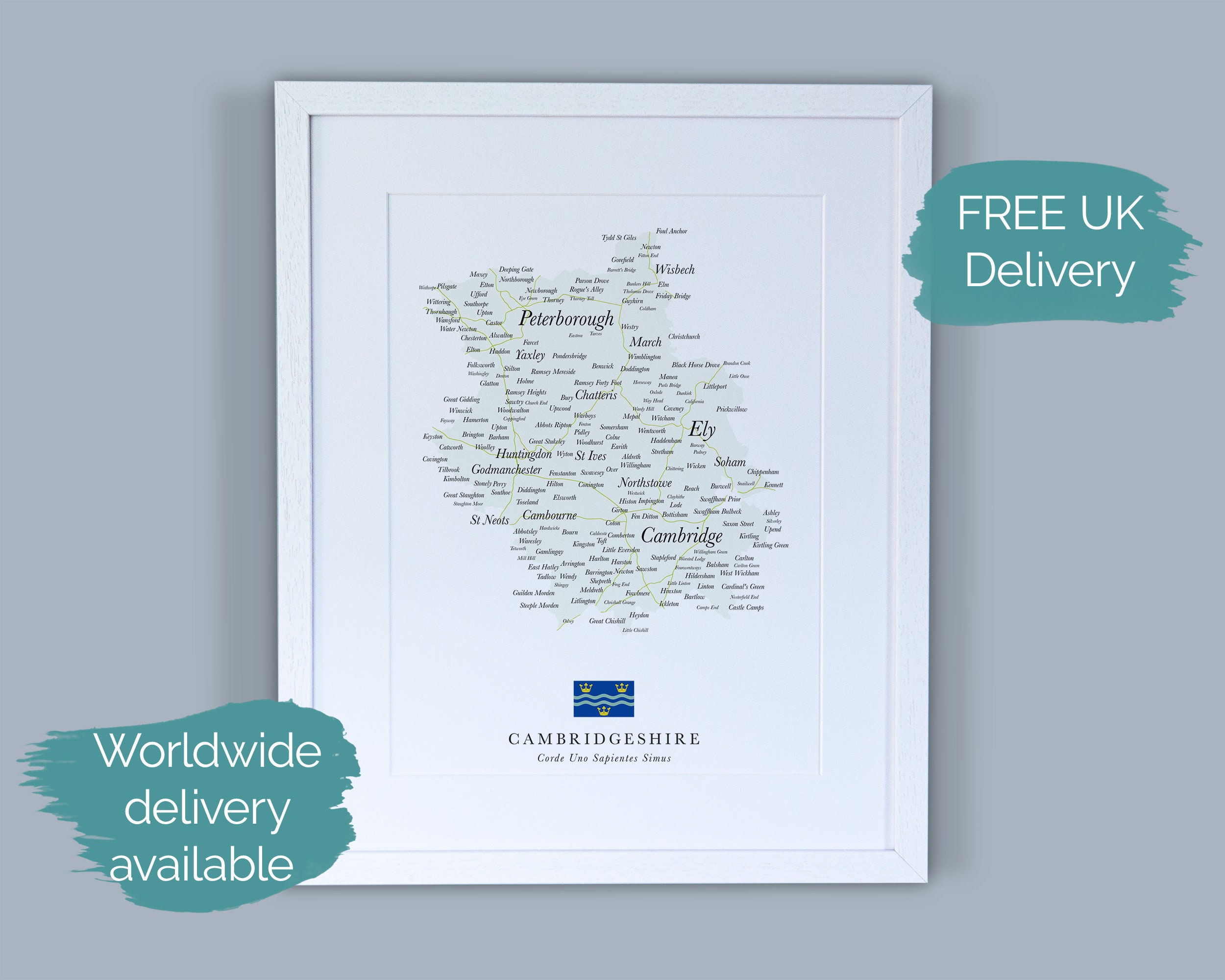 Cambridgeshire County Map // Framed Map of Cambridgeshire // Minimal ...