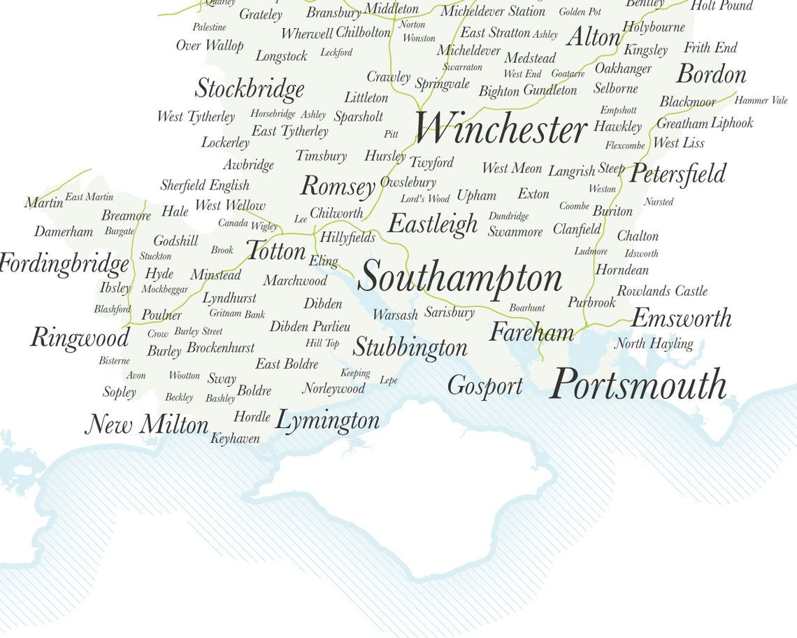 Hampshire County Map // Framed Map of Hampshire // Minimal Typographic ...