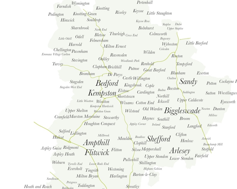 Bedfordshire County Map // Framed Map of Bedfordshire // Minimal ...