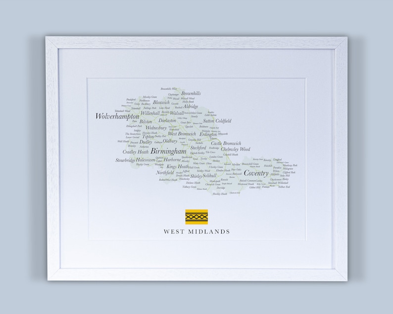 West Midlands Map Print: Typographic Minimal County Art (framed Options ...