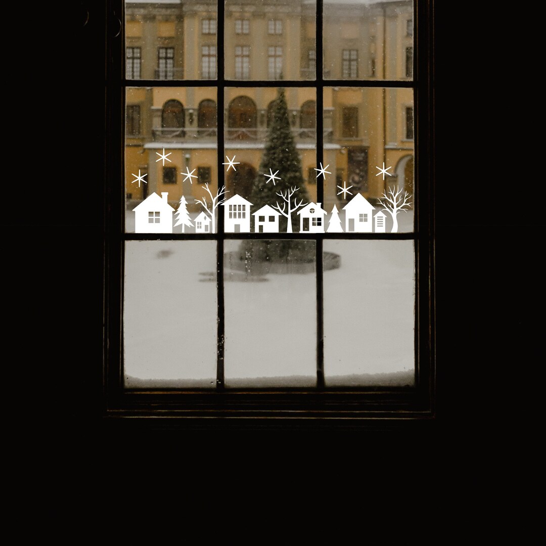 Christmas Window Clings, Holiday Houses Village Christmas Scene ...