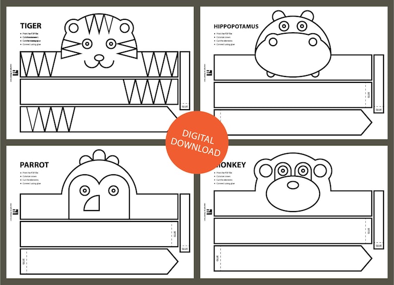 African Animal Paper Crown Set - Printable, Coloring Crown, Coloring ...