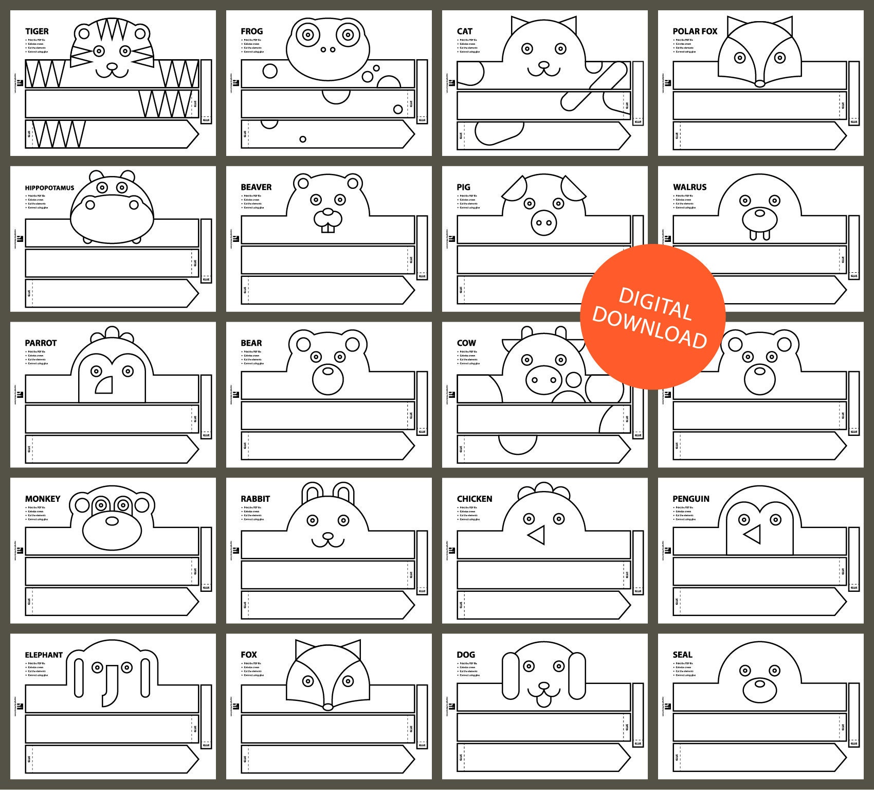 Animal Paper Crown Set Imprimible, Corona para colorear, Máscara de ...